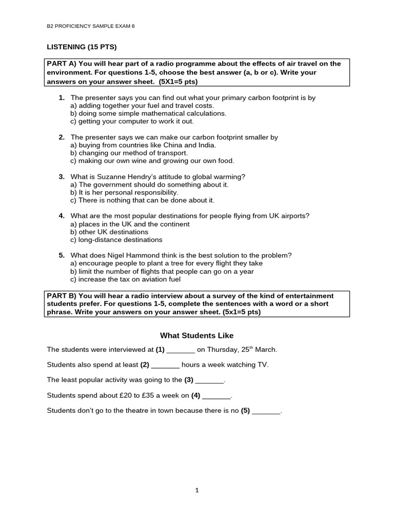 B2 Proficiency Sample Exam Listening & Reading | PDF