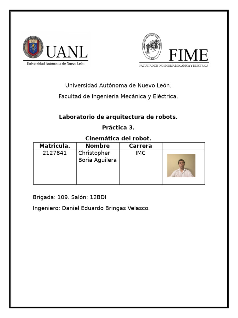 Práctica No. 3 Cinemática del Robot- 2058288 | PDF | Robot | Robótica