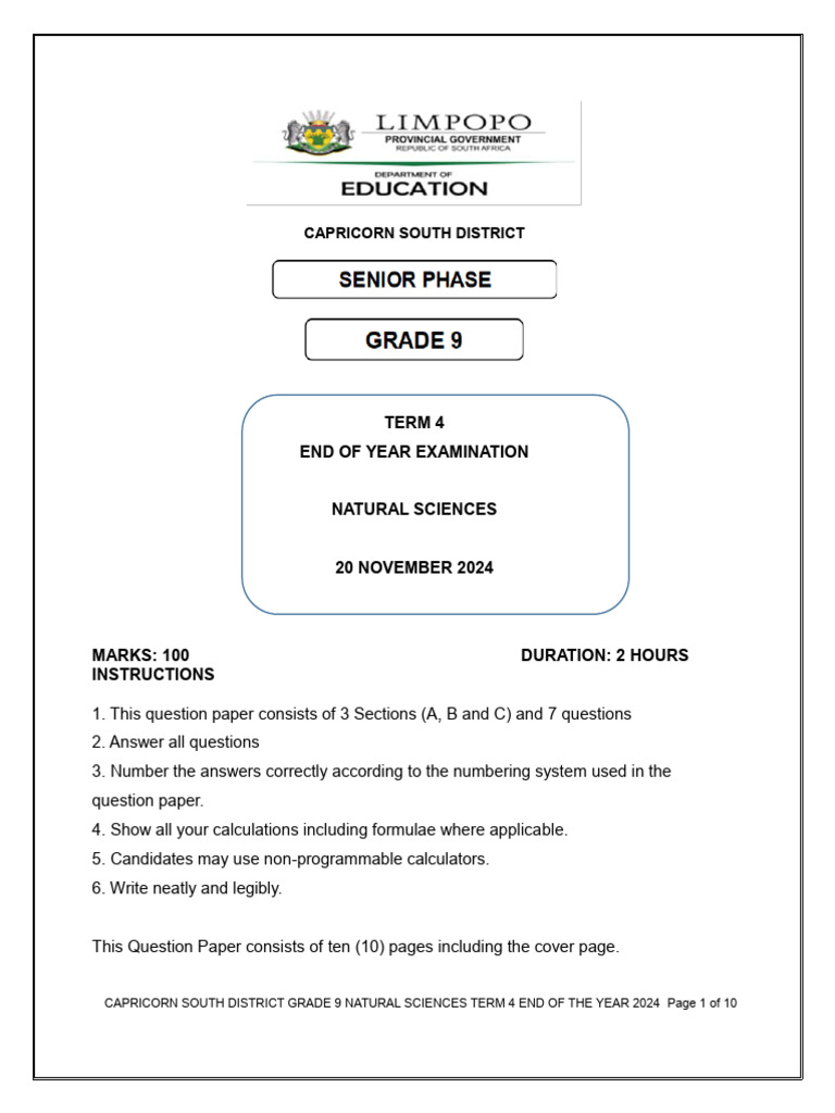 Grade 9 Natural Sciences Term 4 End of Year Exam 2024 | PDF | Force ...