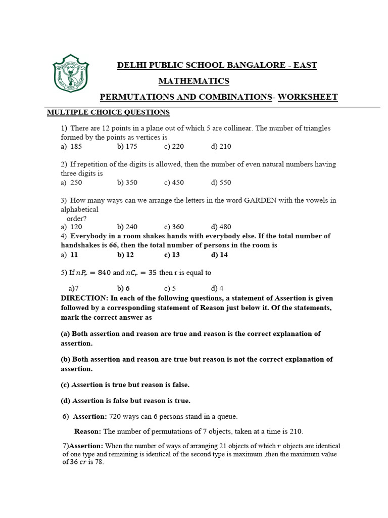 Permutations and Combinations Worksheet | PDF | Permutation | Mathematics