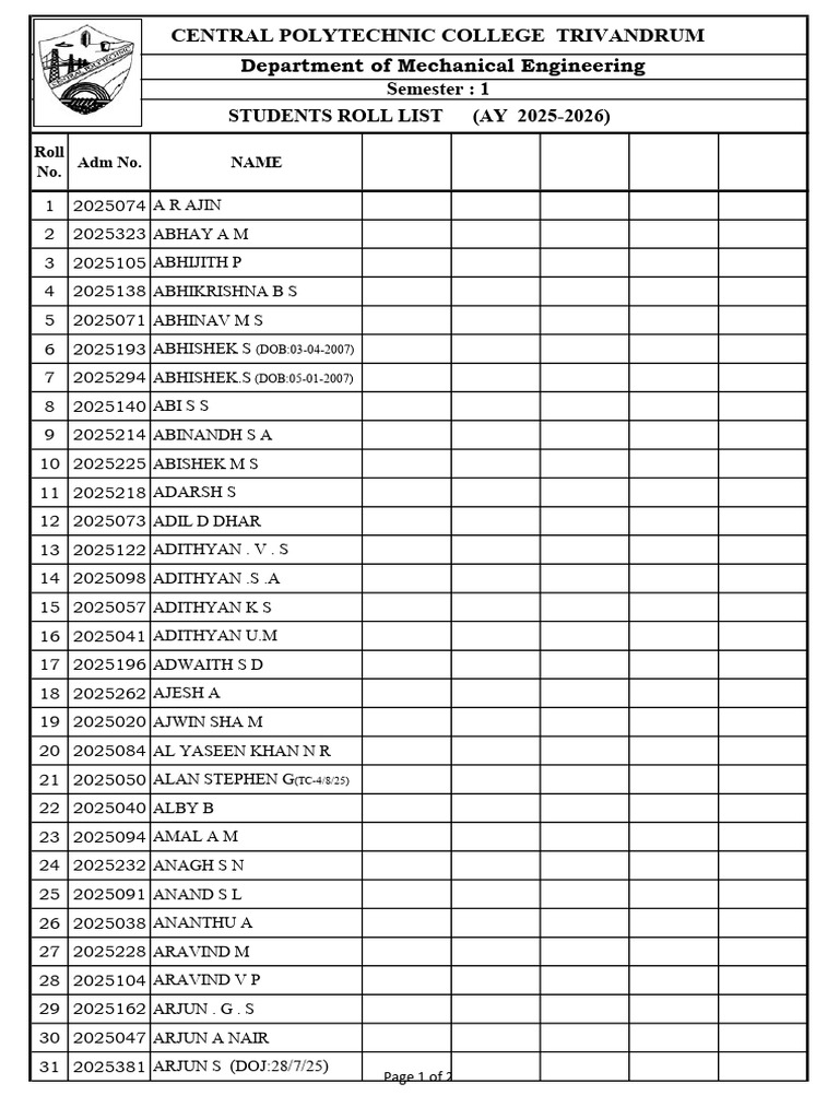 Mechanical Engineering Student Roll List | PDF