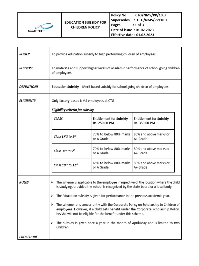 Education Subsidy For Children Updated Policy 2023 | PDF