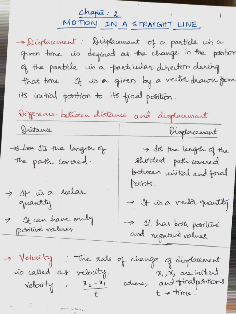 Motion in A Straight Line - Notes | PDF