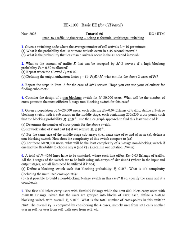 EE1100 Tute6 Telecom Switch 2 | PDF | Applied Mathematics | Theoretical ...