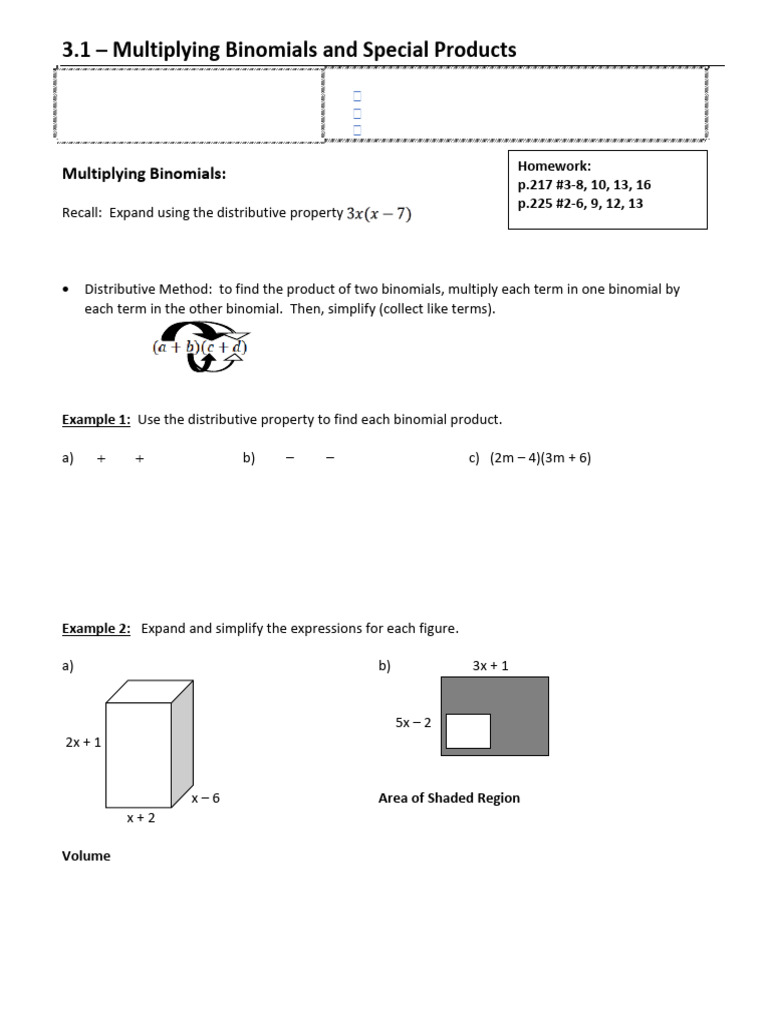 3.1 - Multiplying Binomials and Special Products | PDF