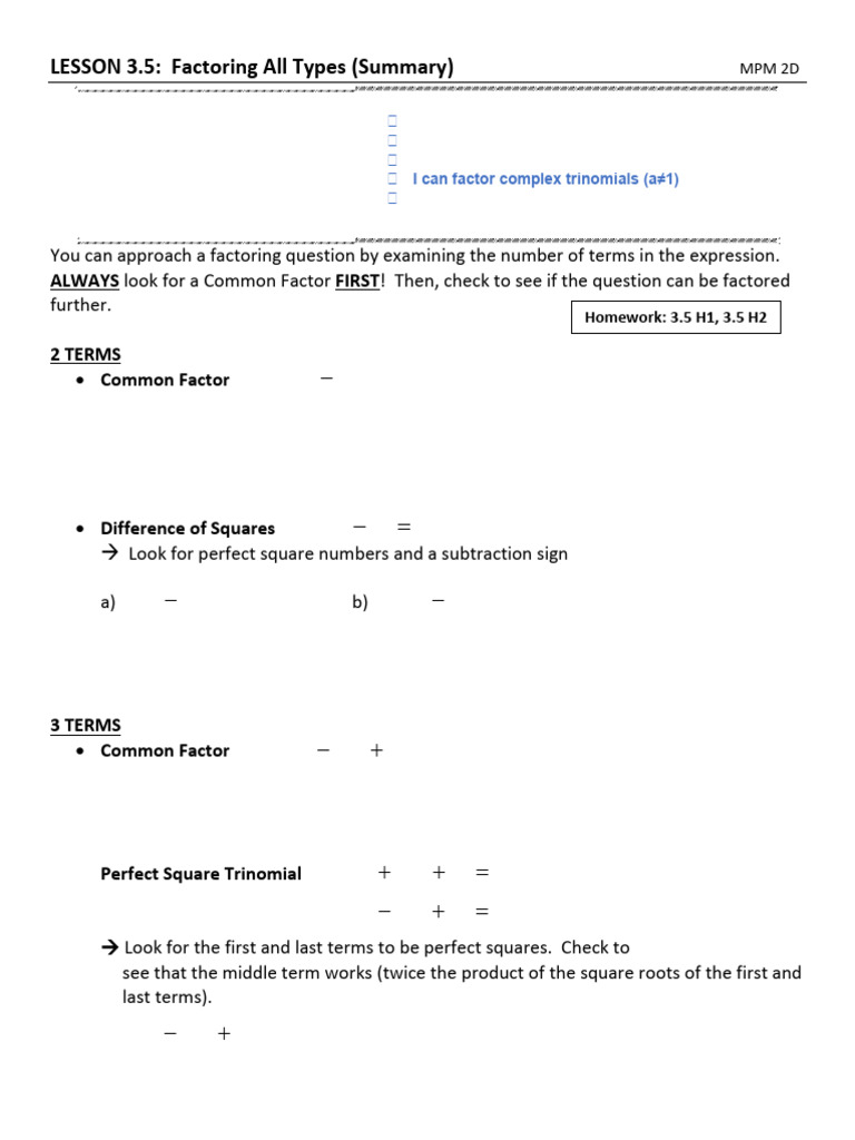 3.5 - Factoring All Types (Summary) | PDF | Subtraction | Factorization