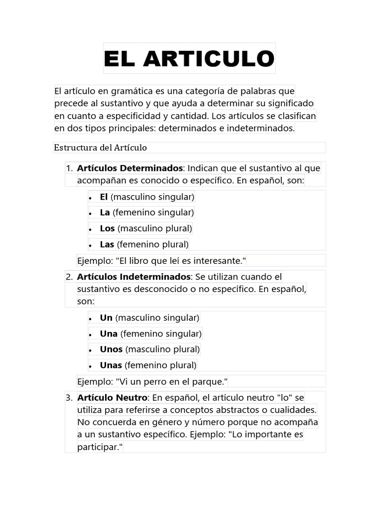 Tipos de Artículos en Español | PDF | Sustantivo | Género gramatical