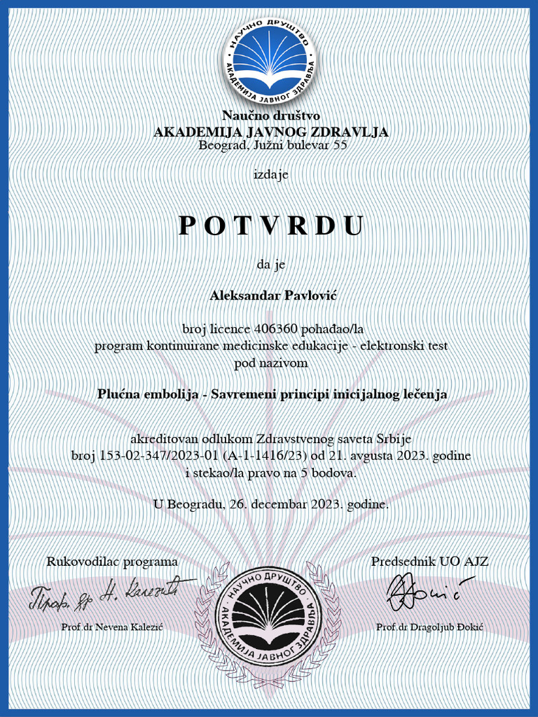 Plućna Embolija Savremeni Principi Inicijalnog Lečenja-Sertifikat ...