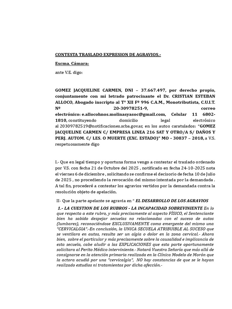 Contestación a Agravios en Caso de Daños | PDF | Daños y perjuicios ...