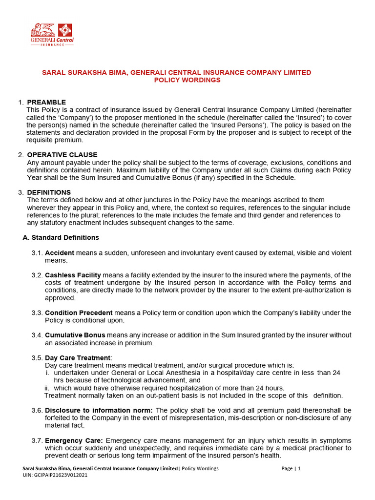 Saral Suraksha Bima Gci Policy Wordings | PDF | Intensive Care Unit ...