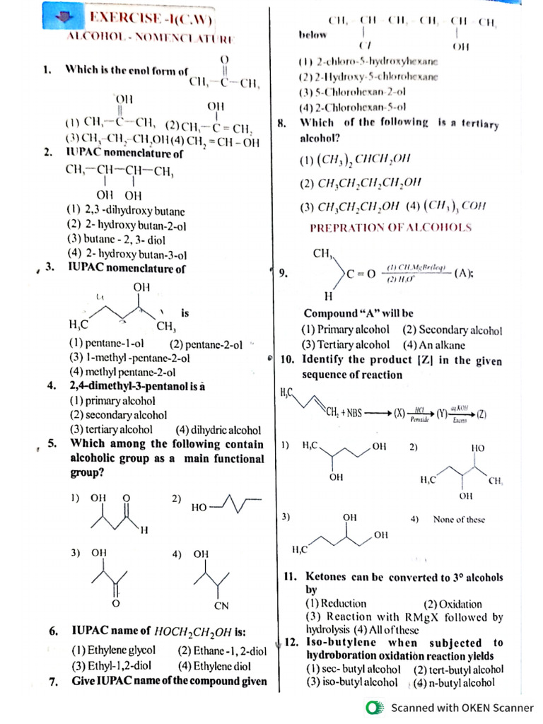 Alcohol MCQ For Neet | PDF