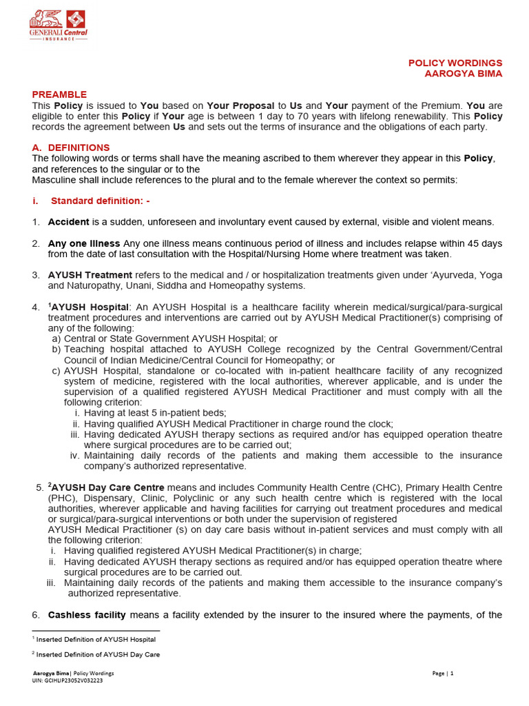 Aarogya Bima Policy Wordings Guide | PDF | Insurance | Hospital