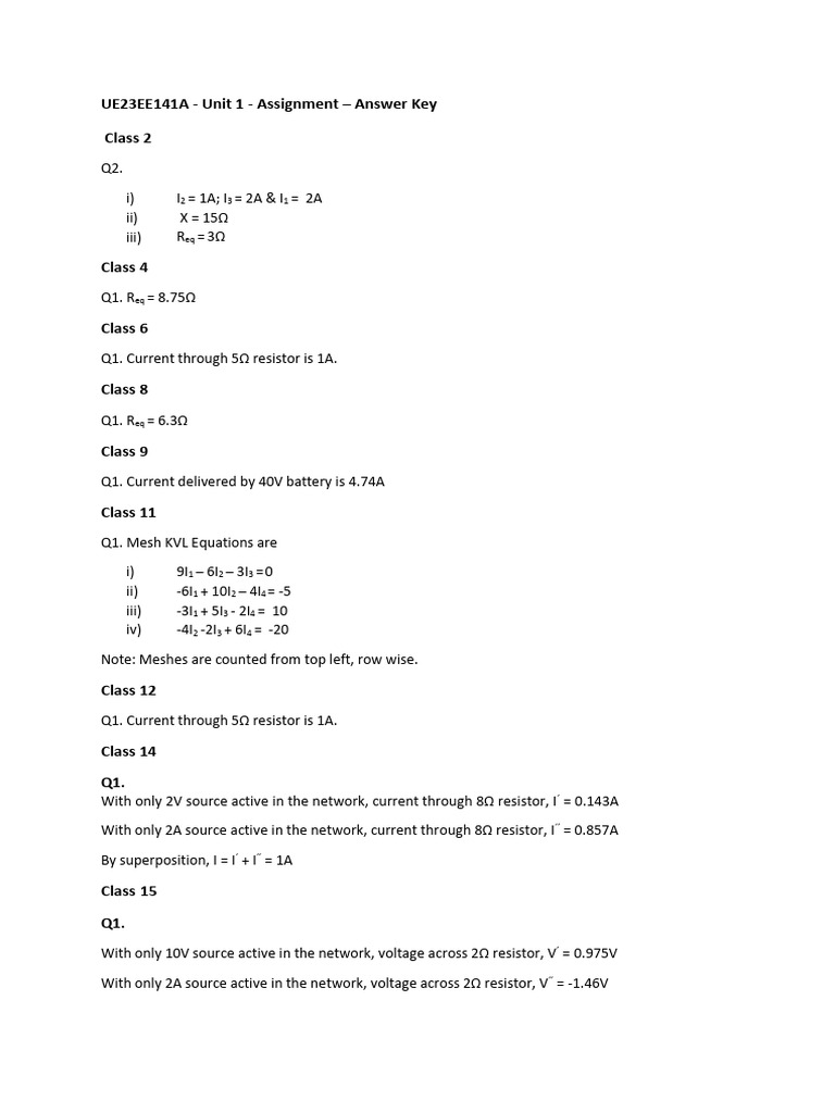 UE23EE141A - Unit 1 - Assignment Answer Key Class 2 | PDF