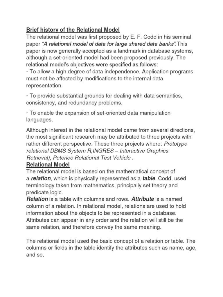 Brief History of The Relational Model | PDF | Relational Database ...