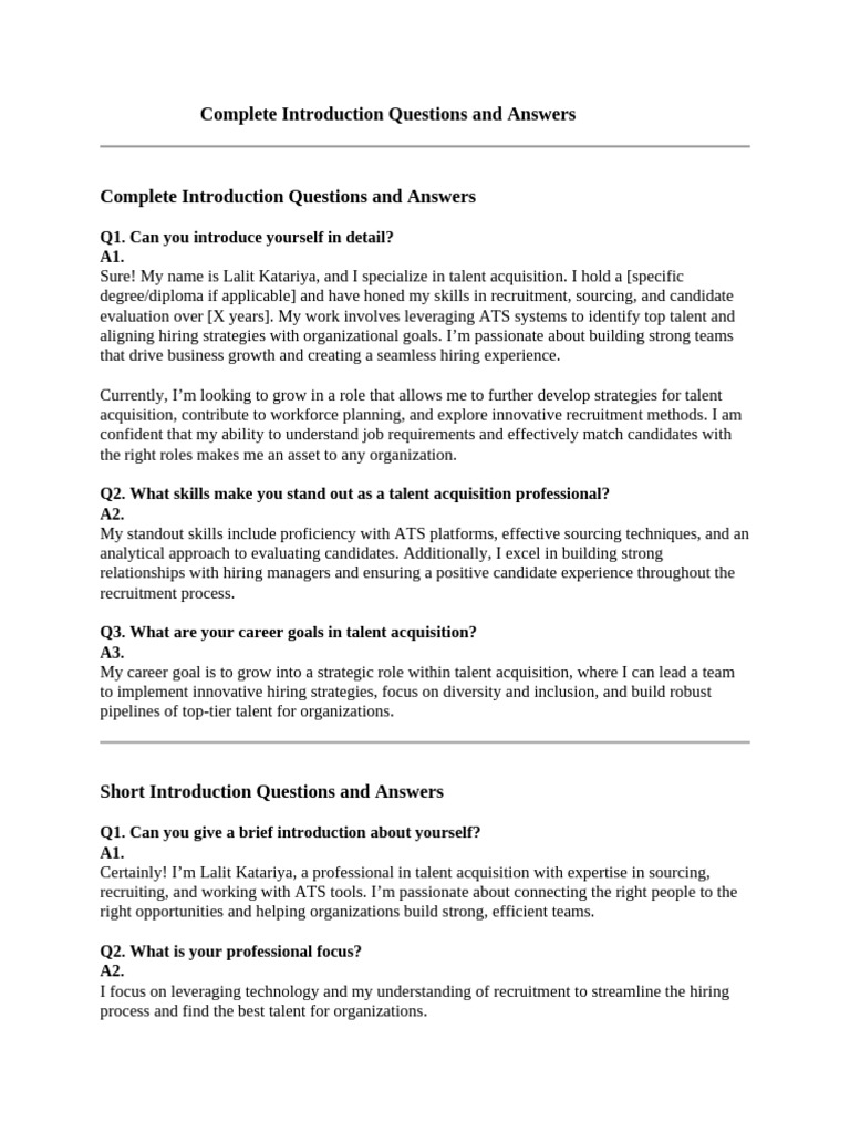 Complete Introduction Questions and Answers | PDF | Recruitment | Business