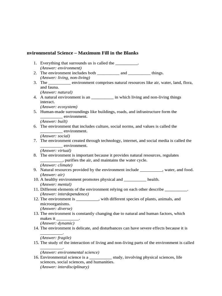 Environmental Science Fill in The Blanks | PDF | Atmosphere Of Earth ...