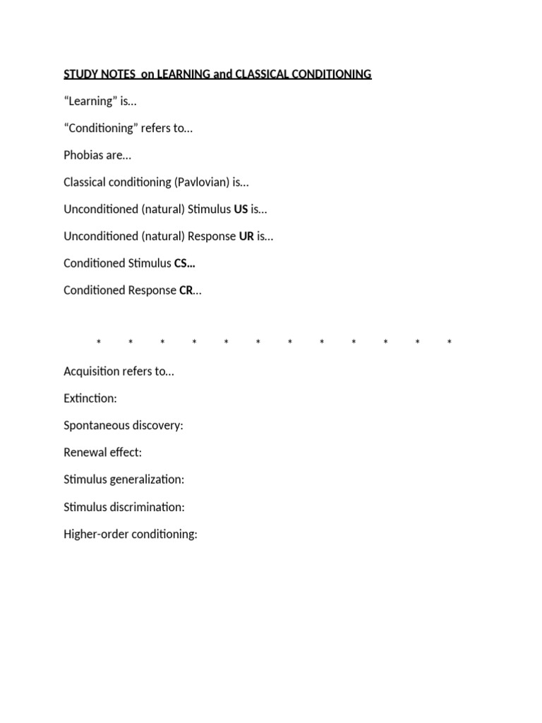 Study Notes On Learning and Classical Conditioning | PDF