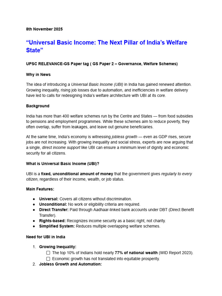 Universal Basic Income: India’s Welfare Future | PDF | Income ...