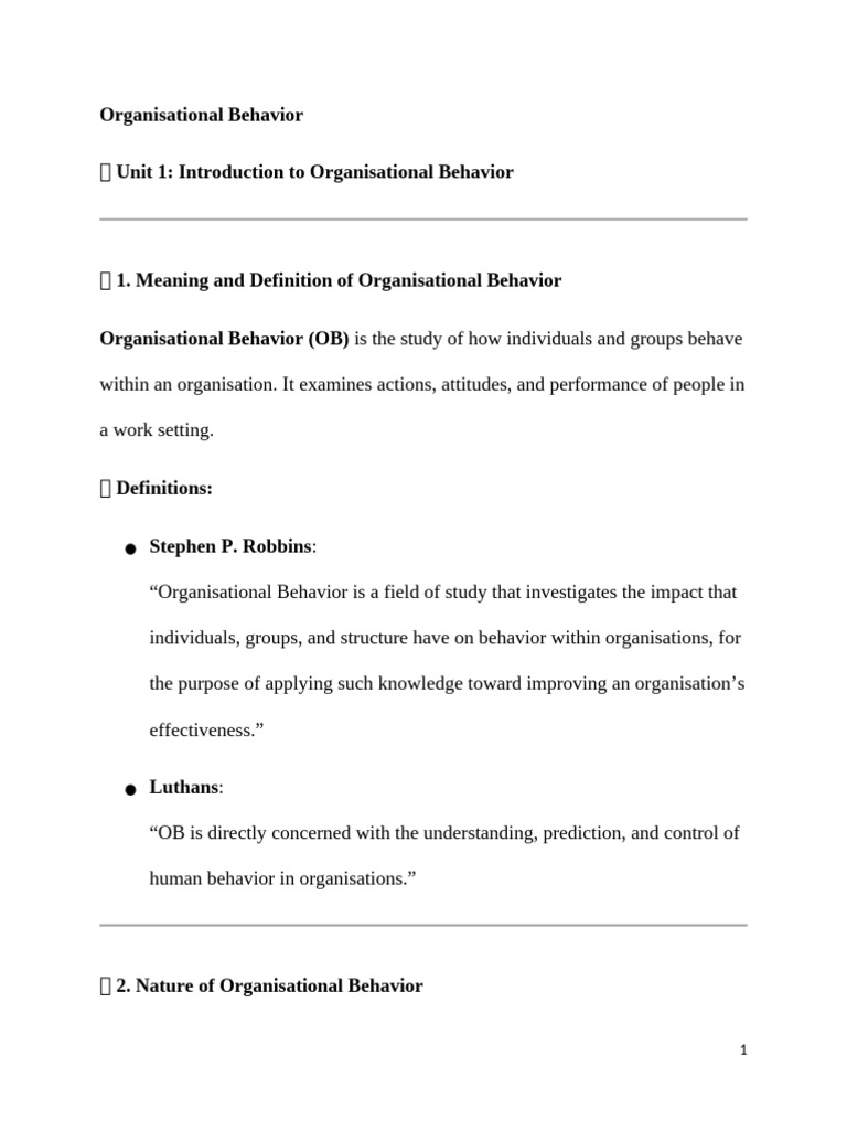 UNIT-1 ( O.B) | PDF | Organizational Behavior | Leadership