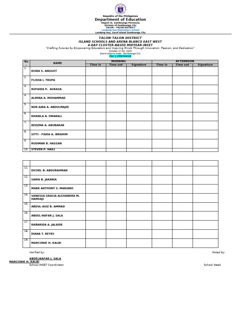 Inset 24-25 Day Attendance Sheet | PDF