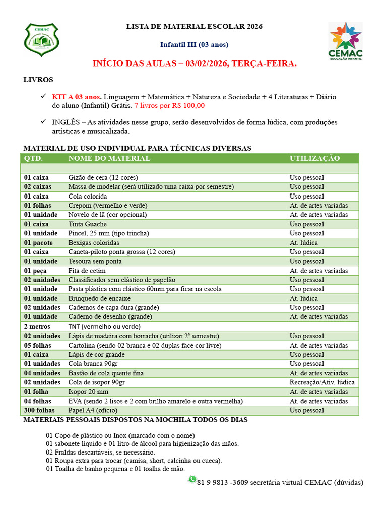 Lista+de+Mat.+Infantil+III+3+Anos+2026 (2) | PDF