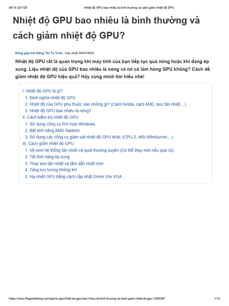 Nhiệt Độ GPU Bao Nhiêu Là Bình Thường Và Cách Giảm Nhiệt Độ GPU | PDF