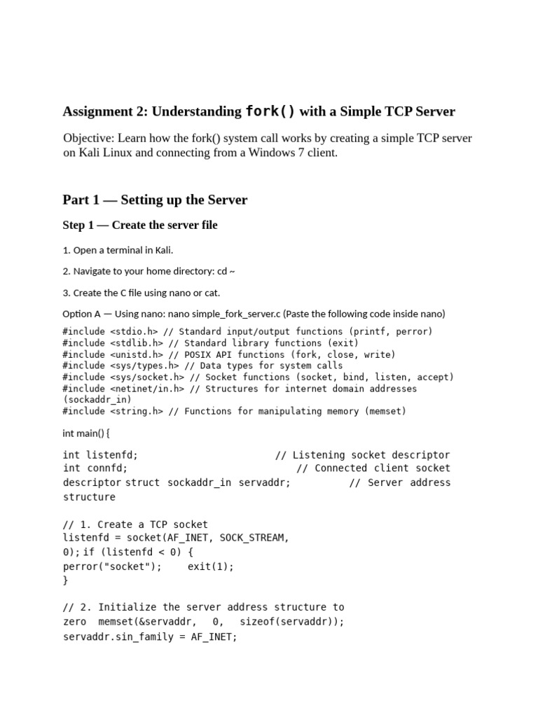 Lab#2 Understanding Fork With A Simple TCP Server | PDF | Software ...