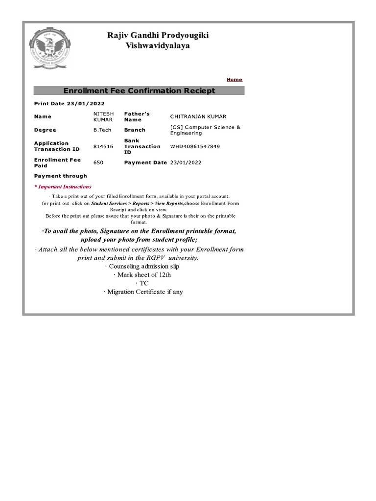 Enrollment Fee Payement Receipt | PDF