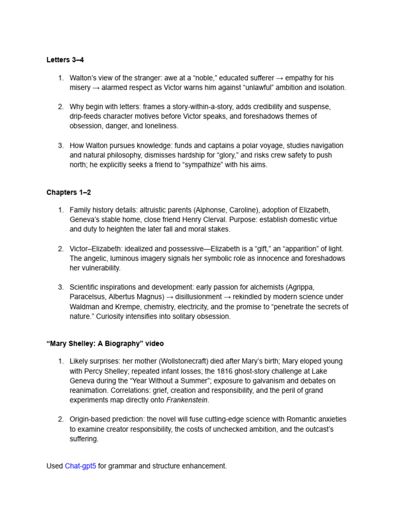 Guiding Questions For Letters 3-4, Chapters 1-2, and Mary Shelley Bio | PDF