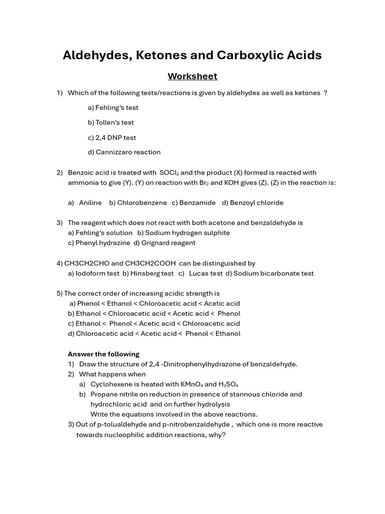 Aldehydes, Ketones and Carboxylic Acids - Worksheet - 2025 - 26 | PDF ...