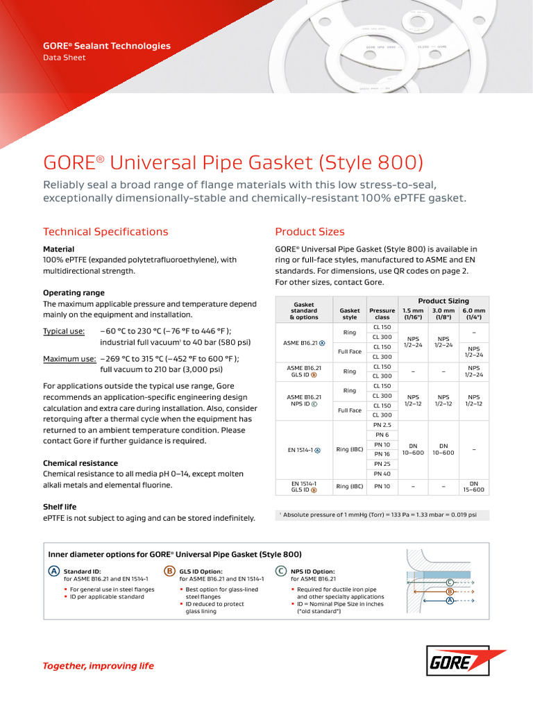 GORE® Universal Pipe Gasket Specs | PDF | Pipe (Fluid Conveyance ...