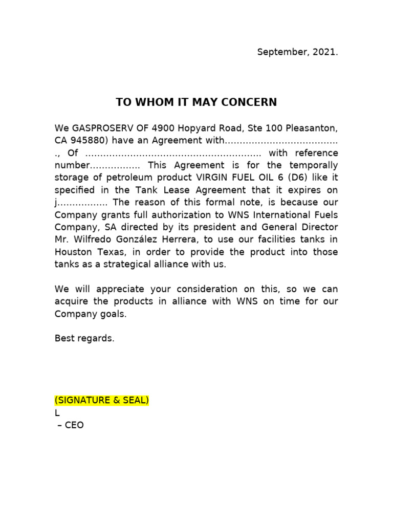Authorization for Fuel Oil Storage Agreement | PDF