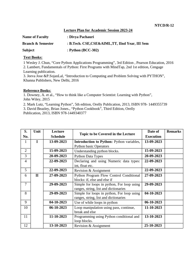 Divya_python_Lecture plan | PDF | Computer Engineering | Computer Programming