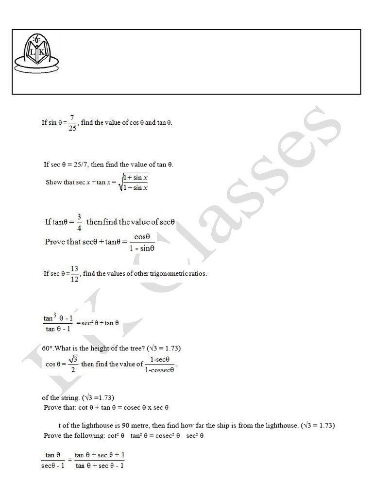 Trigonometry Practice Sheet for SSC | PDF | Trigonometric Functions ...