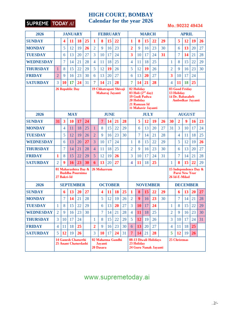 Bombay High Court Calendar 2026 | PDF | Holidays | Observances