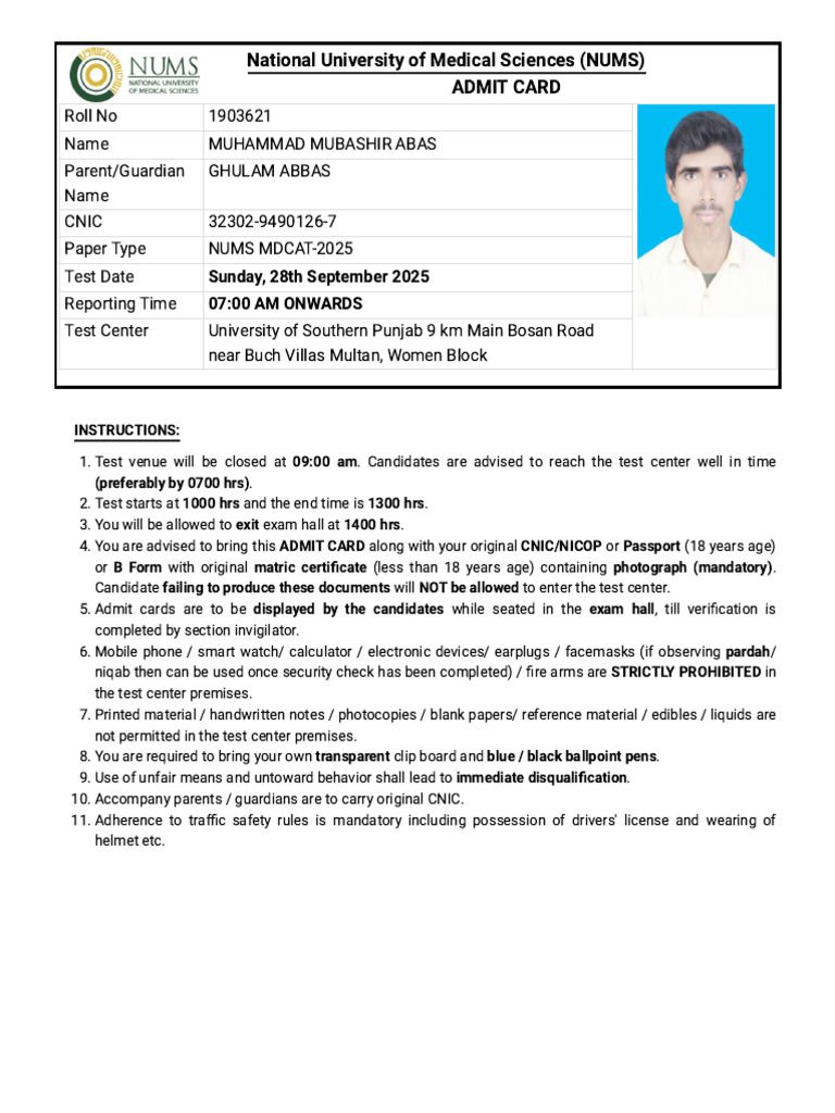 Nums Admit Card | PDF