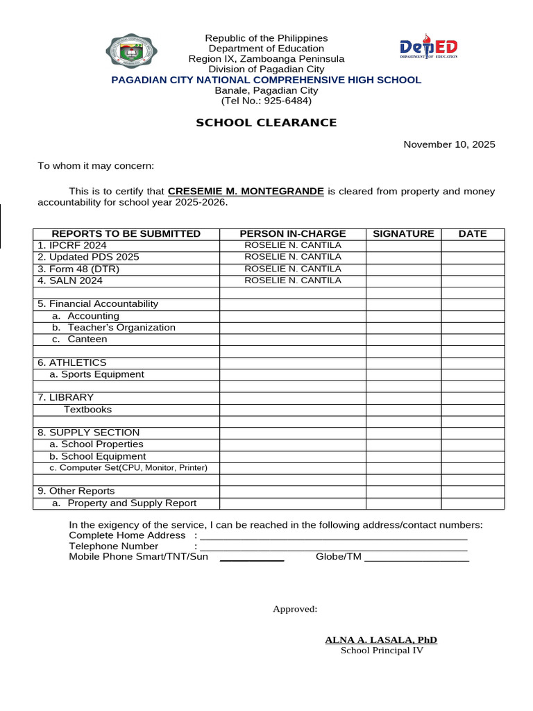 School Clearance Certificate 2025 | PDF