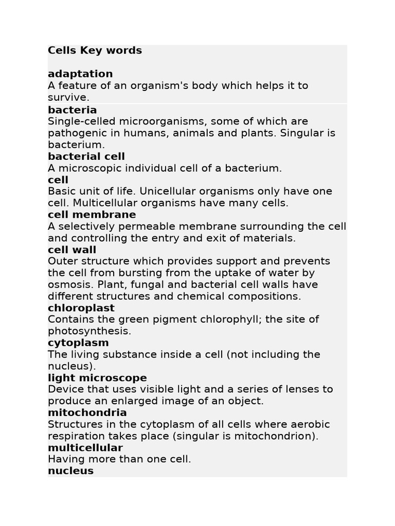 Cells Key Words | PDF