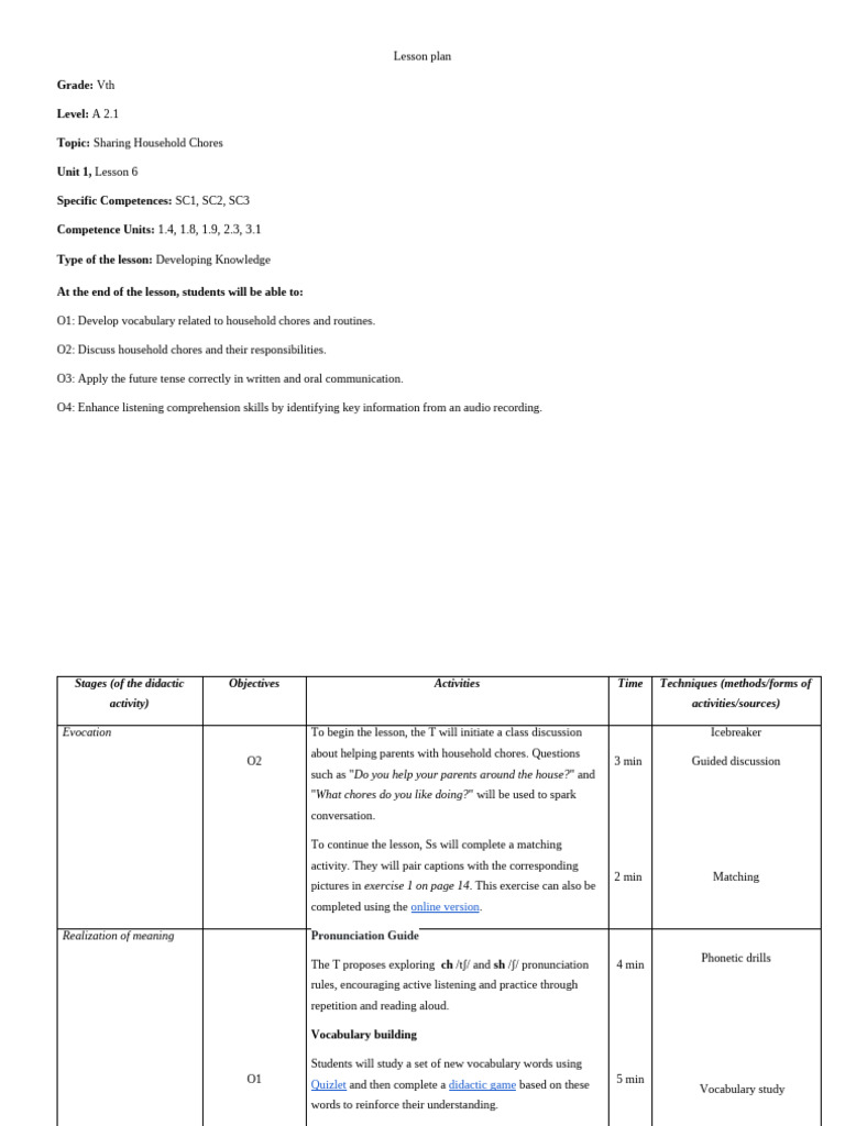 Household Chores Lesson Plan for Vth Grade | PDF | Reading ...
