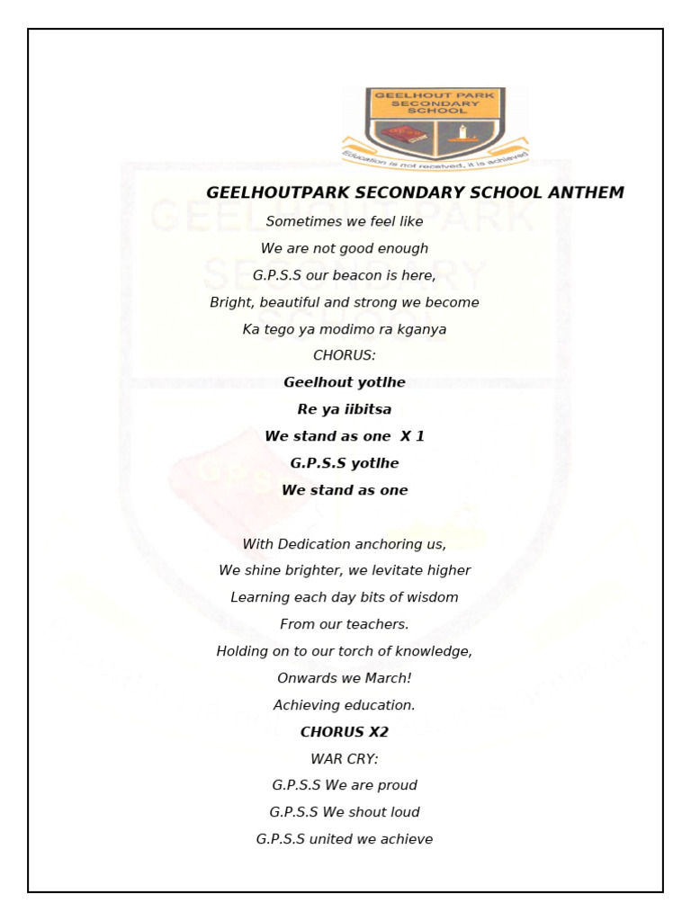 Geelhoutpark Secondary School Anthem | PDF