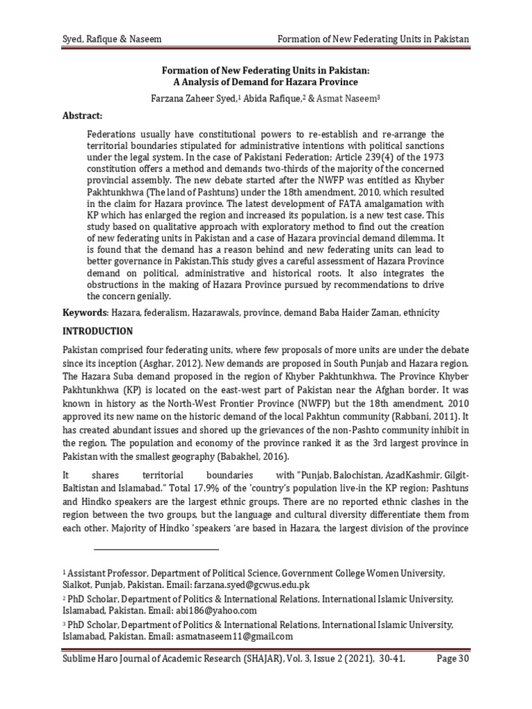 Formation of New Federating Units Dilemma in Pakistan | PDF | Khyber ...