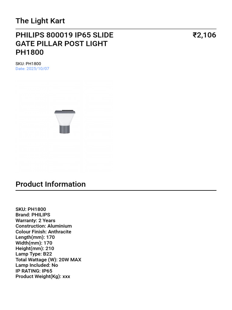 Philips IP65 Slide Gate Light PH1800 | PDF