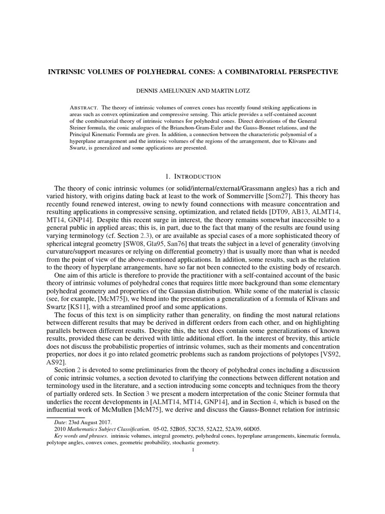 Combinatorial Theory of Intrinsic Volumes | PDF | Convex Set | Sphere
