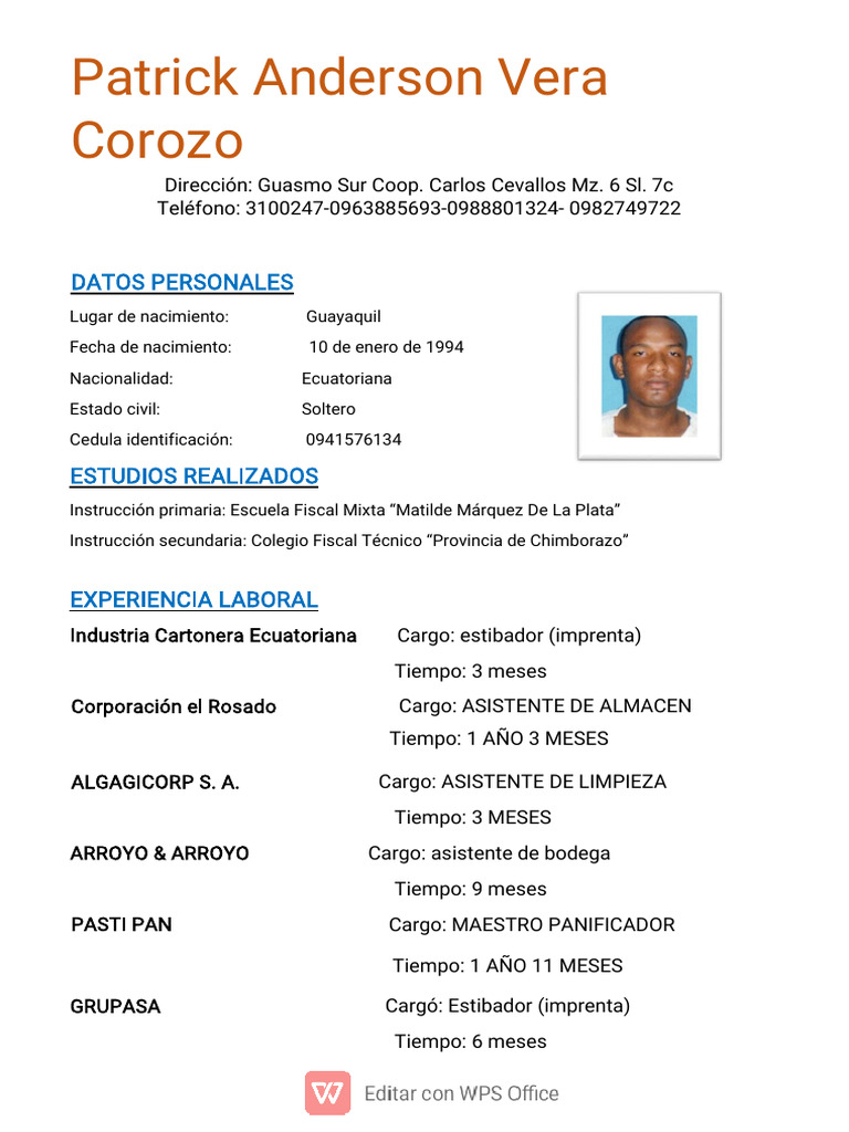 Currículum de Patrick Anderson Vera | PDF