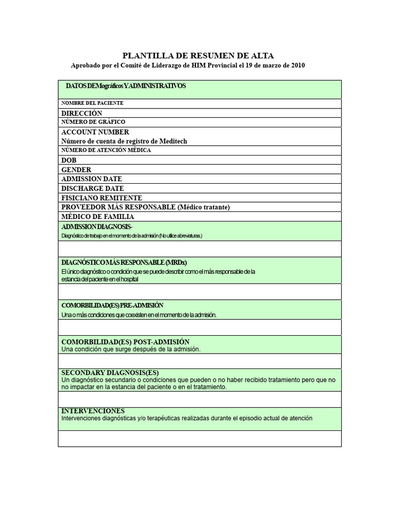 Plantilla de Resumen de Alta | PDF | Cuidado de la salud | Medicina