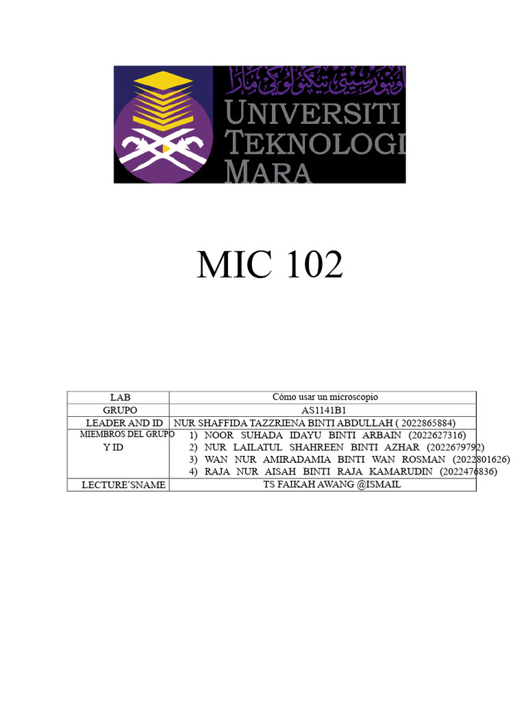 Informe de Laboratorio 1 - Mic102 | PDF | Microscopio | Ligero