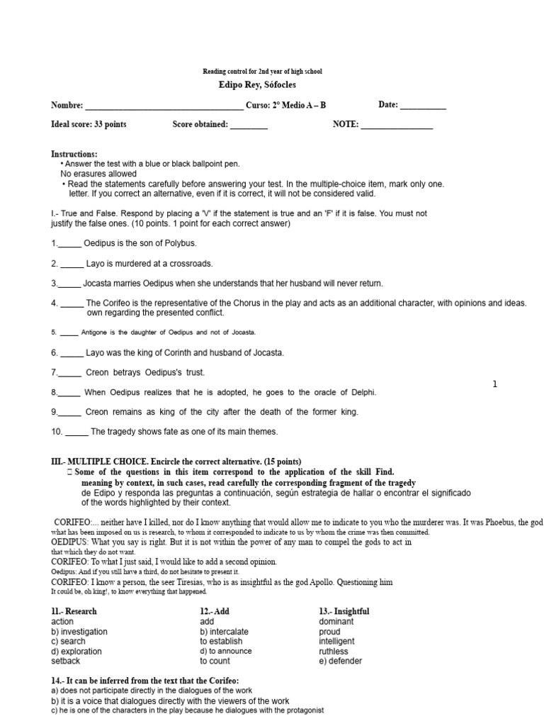 Oedipus Rex Test | PDF | Oedipus | Sophocles