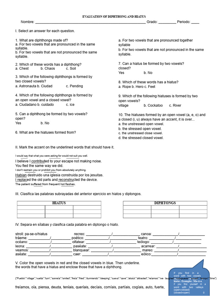 Diphthong and Hiatus Evaluation | PDF | Stress (Linguistics) | Vowel