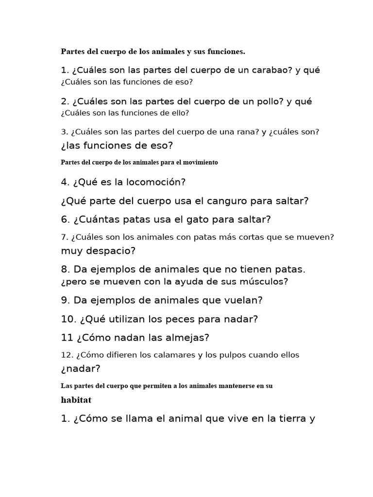 Partes Del Cuerpo de Los Animales y Sus Funciones. 2do Trimestre | PDF ...