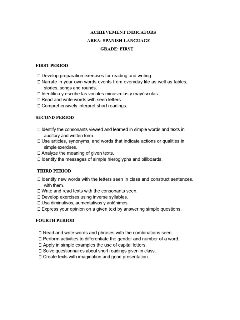 ACHIEVEMENT INDICATORS 1º | PDF | Word | Literacy